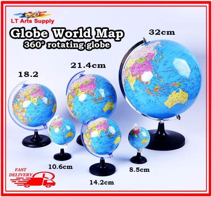 LT ARTS SUPPLY World Map Globe 360° degree Rotating Map English Name ...