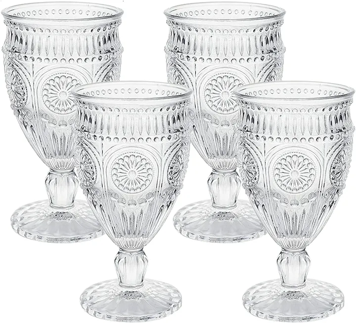 4 pc Set Embossed Footed Glass Goblets Vintage Style Pressed Glass Wine ...