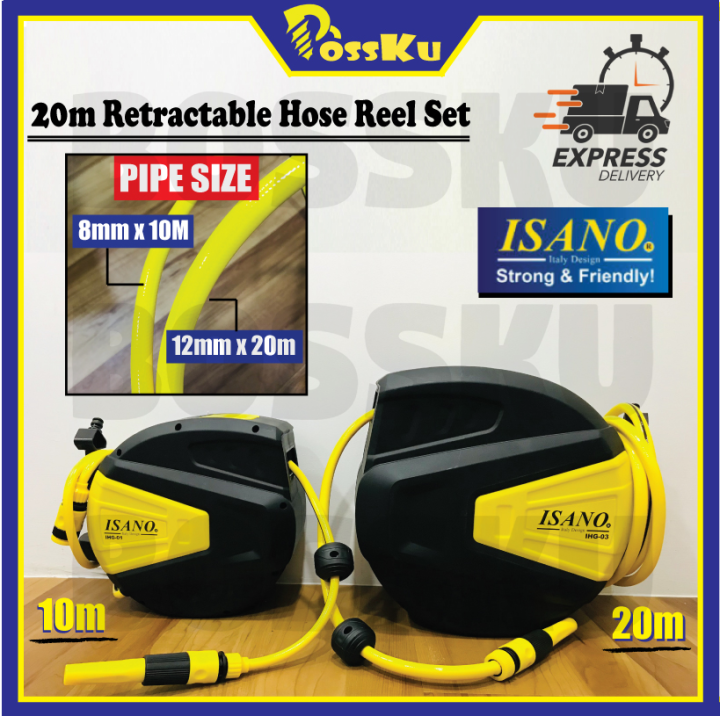 ISANO 20M AUTO Rewind Wall Mounted Retractable Garden Water Hose Reel ...