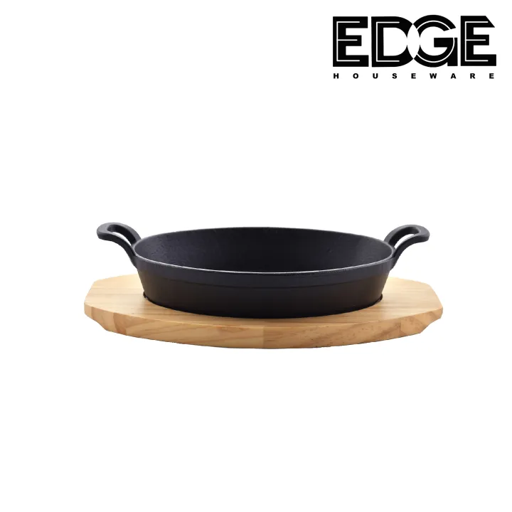 Edge Houseware Sizzling Plate Oval 21.5x15CM with handle and wood base ...