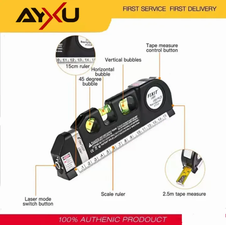 Ayxu Multipurpose Laser Level laser measure Line 8ft+ Measurement Tape Ruler Adjusted Standard ...