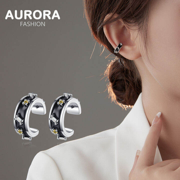 Aurora 925 Silver Fashion Black Shiny Zircon Ear Clip Earrings Non-piercing Ear Cartilage ...