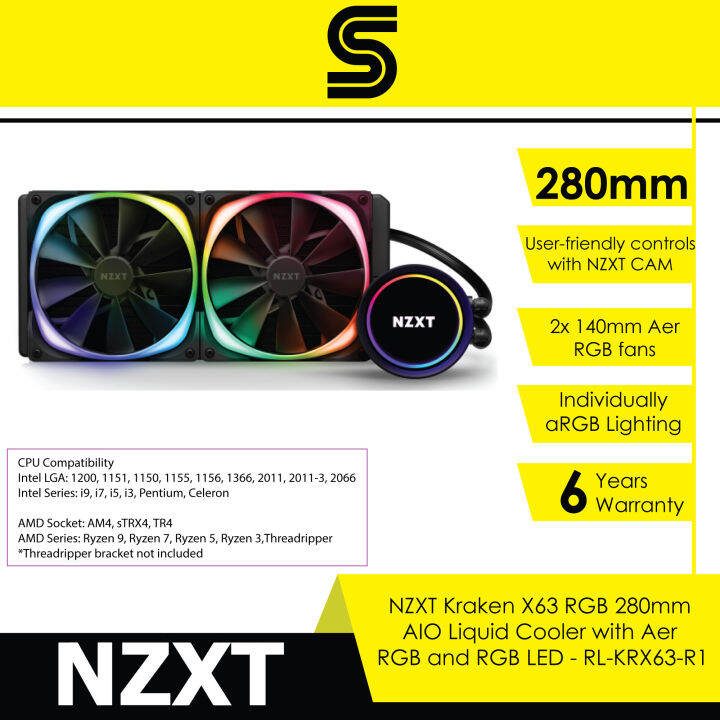NZXT Kraken X63 RGB 280mm AIO Liquid Cooler with Aer RGB and RGB LED ...