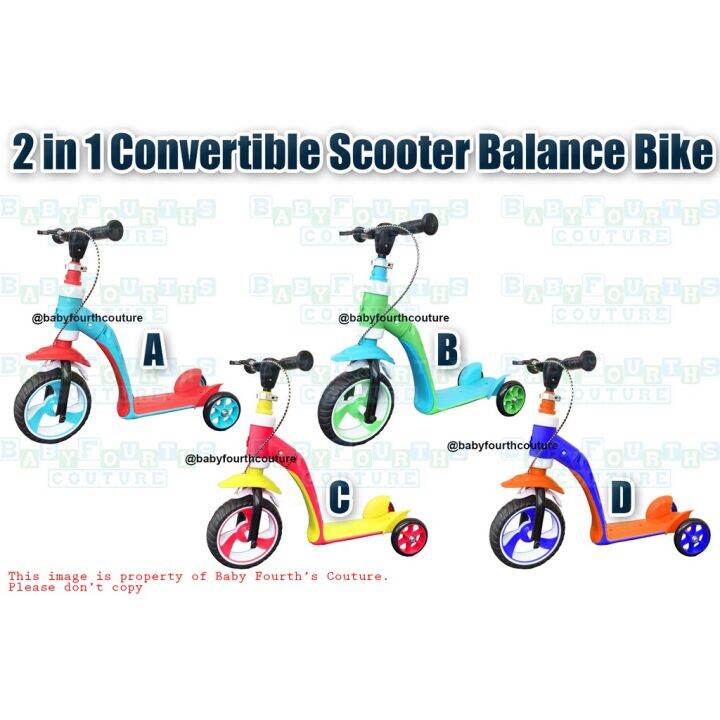 Baby Fourths 2 in 1 Multi Colored Convertible Kiddie Scooter Balance Bike for Kids without Pedal ...