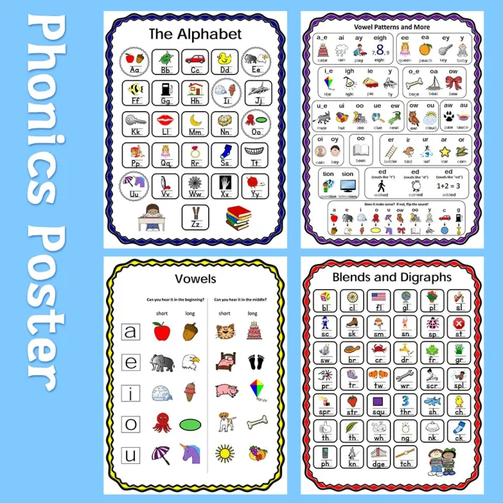 4 Pcs/Set A4 Size English Phonics Chart Poster Card Laminated Big Card ...
