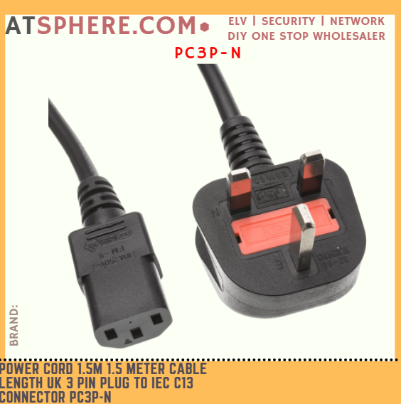 Power Cord 1.5m 1.5 Meter Cable Length UK 3Pin Plug to IEC C13 ...