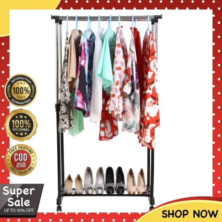 Original Adjustable Double Rail Garment Rack With Shoes Shelf on Wheels ...