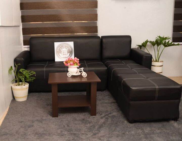sala set L shape black leather sofa with center table uratex foam cod ...