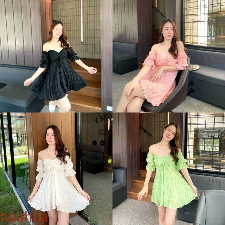 Hua Dress เดรสตุ๊กตา เดรสเปิดไหล่แต่งเชือกตรงอกผูกคล้องคอ ป้ายminim ...