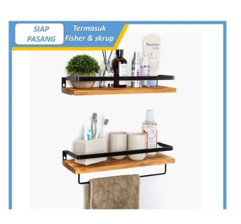 Rak Dinding Tempel Gantung Kamar Mandi Ambalan Kayu dan Besi Penyimpanan serbaguna dekorasi ...