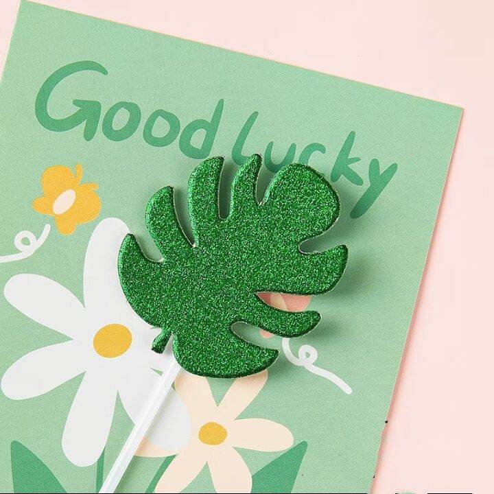 Topper Summer Jungle Party Green Glitter Leaf Paper Card Cake Topper