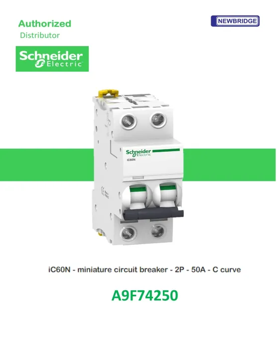 iC60N - miniature circuit breaker - 2P - 50A - C curve - by Schneider -Newbridge A9F74250 ...