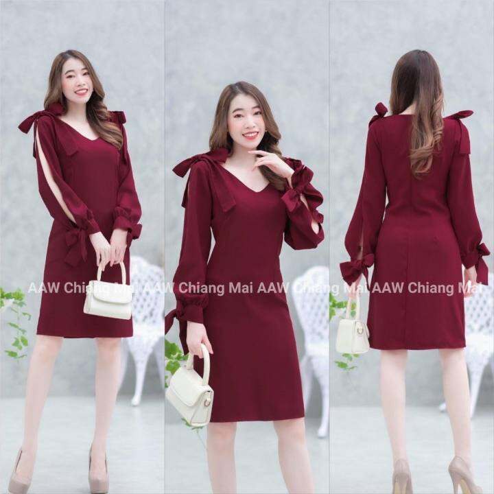Aya-shop เสื้อผ้าแฟชั่น เดรสออกงาน สีแดง พร้อมส่ง | Lazada.co.th