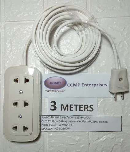 3 meters Heavy Duty Extension Cord wire (3)Three Gang flat cord #16 ...