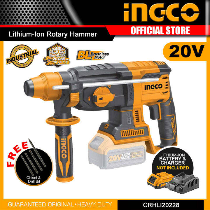 Ingco Lithium Ion Cordless Rotary Hammer Drill Chipping Gun With Free