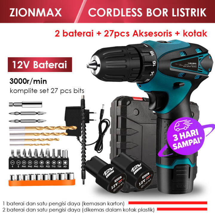 Mesin Bor Listrik Cordless Drill Set Mesin Bor Baterai 12V 2 Baterai/1 ...