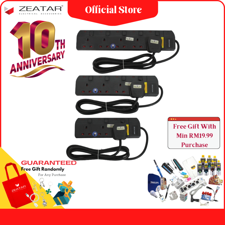 Zeatar Standard 3 Pin Portable Extension Trailing Socket Surge Protector 3 4 5 Way 2 Meters