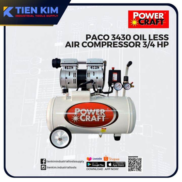 POWERCRAFT PACO 3430 OIL LESS | OILESS AIR COMPRESSOR 3/4HP ( Tien Kim ...
