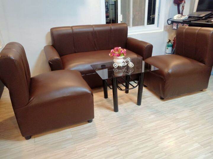 SALA SET BROWN LEATHER WITH CENTER TABLE URATEXFOAM | Lazada PH