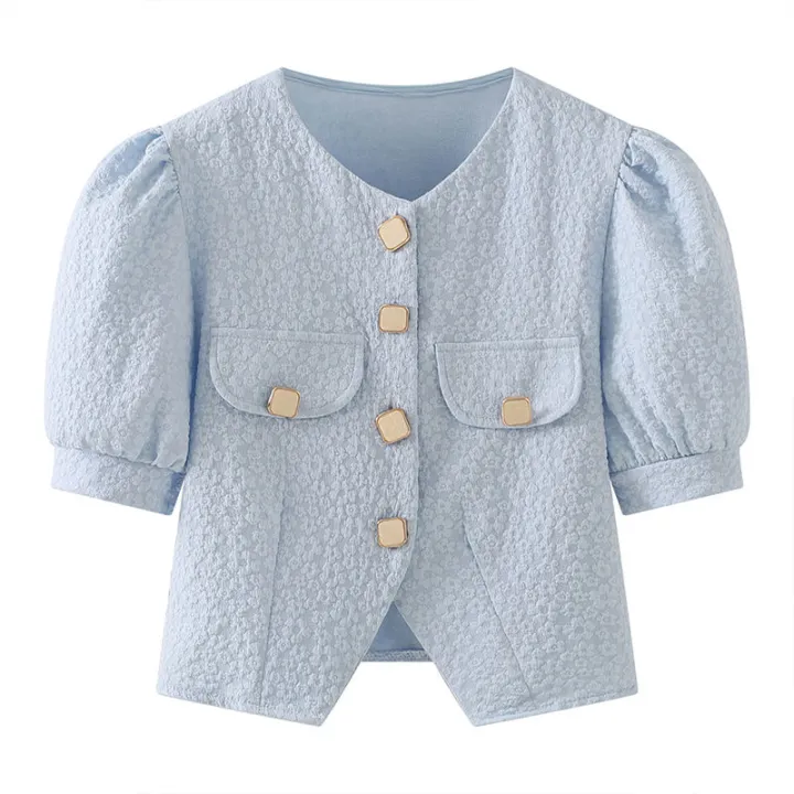 Coconie เสื้อคอวีแขนพัฟสำหรับผู้หญิงเสื้อทรงสั้นสไตล์เกาหลีแบบใหม่ ...