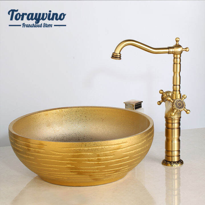 Torayvino Golden Ceramic Wash Basin Vessel Sink & Antique ss Bathroom ...