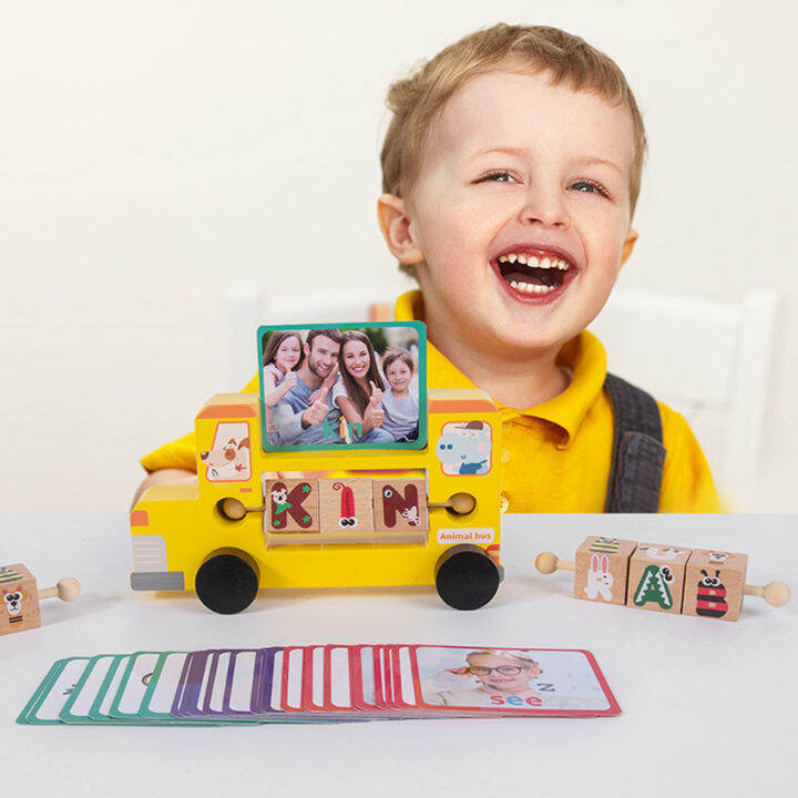 Microgood 1เซ็ตคำสะกดของเล่นที่มี27บัตรภาษาอังกฤษคำไม้สนุกไม้รถอ่านบล็อกเด็กของเล่นการศึกษา ...