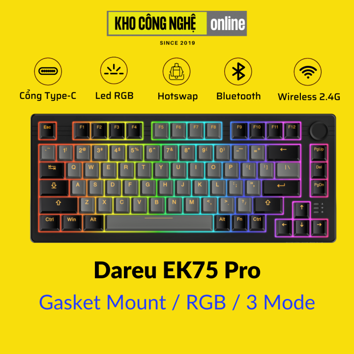Bàn phím cơ DAREU EK75 PRO BLACK GOLDEN / EK75 Black White (Triple Mode, Gasket Mount, RGB ...