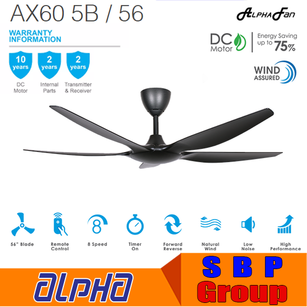 ALPHA Fan - (ALP-AX60/5B/56/BK) 56 Inch DC Motor Ceiling Fan with 5 ...