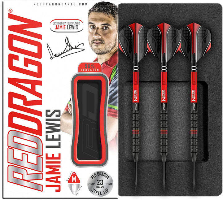 RED DRAGON Jamie Lewis 23g or 25g Tungsten Darts Set with Flights and ...