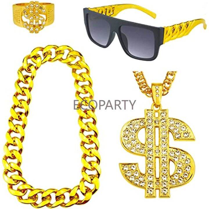 4 Pack 80s 90s Hip Hop Costumes Outfit Fake Chain Money Chain Twist Leg ...