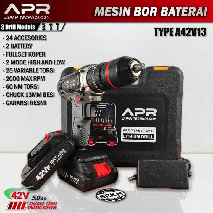 Bor Cordless APR JAPAN 42V 13mm Chuck Besi Fullset Mesin Bor Beton ...