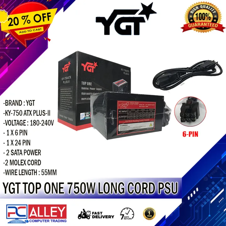 YGT TOP ONE, KY-750ATX PLUS-II 6 PIN LONG WIRE POWER SUPPLY By PC ALLEY ...