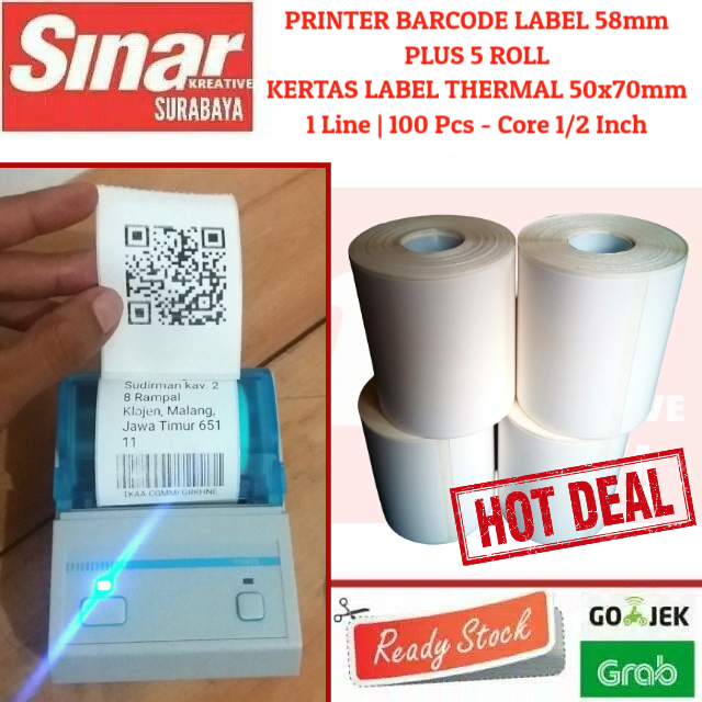 PRINTER BARCODE LABEL BLUETOOTH THERMAL + 5 ROL LABEL STICKER 50x70mm ...