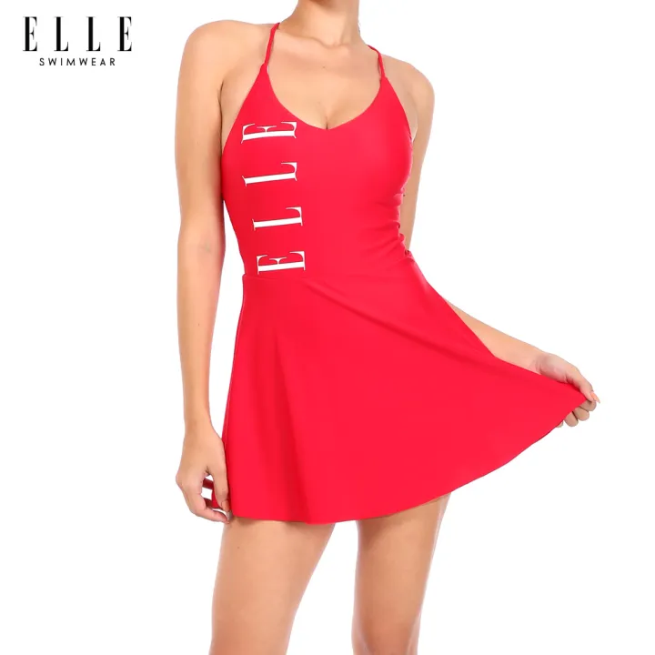 ELLE SWIMWEAR ชุดว่ายน้ำสตรี แบบวันพีช กระโปรง-ขาเว้าด้านใน สกรีนโลโก้ ...