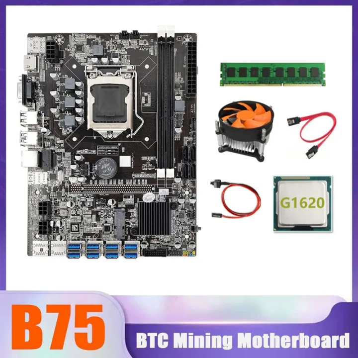 B75 BTC Miner Motherboard 8XUSB+G1620 CPU+DDR3 8G 1600Mhz RAM+CPU Cooling Fan+Switch Cable+SATA ...
