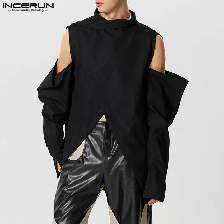 INCERUN Mens Long Sleeve High Neck Plain Blouse Morden Cross Design Off ...