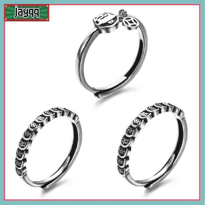 JAYQQ ความเรียบง่าย ปรับได้ เครื่องประดับเครื่องประดับ เงิน แหวนสนับมือ อักษรจีน แมวนำโชค เปิด ...