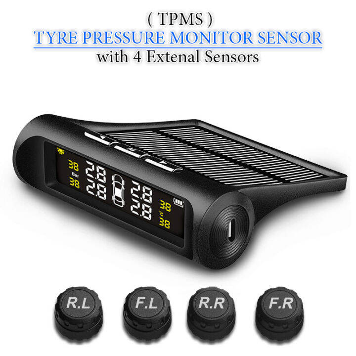 TPMS Solar Power Car Wireless External Tire Pressure Monitoring System LCD Display with 4 ...