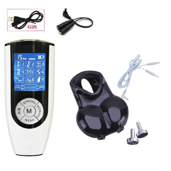Electric Shock Cock Cage Penis Stimulation Massager Scrotum Sleeve Ball Stretcher Male Chastity 