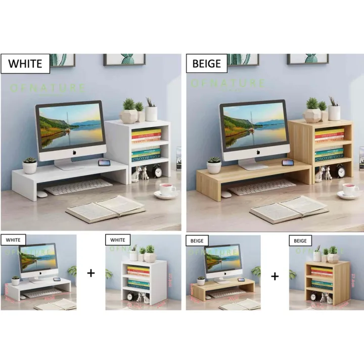 Wooden Monitor Riser Computer Stand 3 Compartment Small Cabinet Set ...