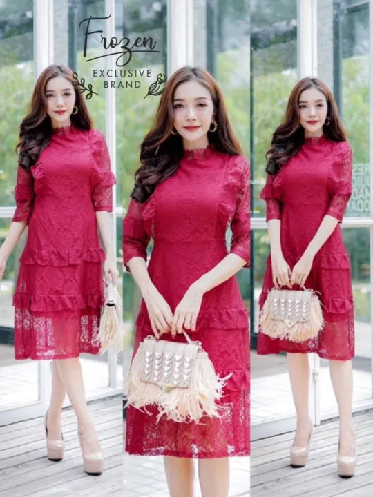 Aya-shop เสื้อผ้าแฟชั่น เดรสลูกไม้ออกงาน สีแดง ชุดทำงาน เดรสทำงาน พร้อม ...