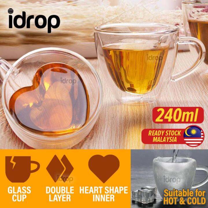 【Medotop】[ 240ml ] Love Heart Inner Shape Glass Cup Double Insulated Layer / Gelas Minuman 2 ...