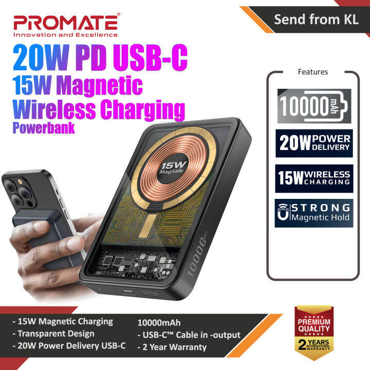 Promate 10000mAh Magnetic Wireless Transparent Power Bank Powerbank 15W Wireless 20W Power ...