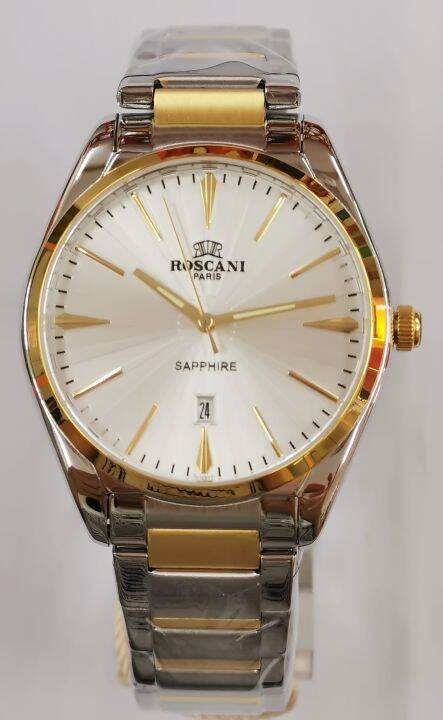 ROSCANI SAPPHIRE MEN"S STAINLESS STEEL GOLD SILVER DIAL BG 4537K6 ...