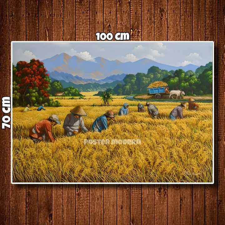 HIASAN DINDING GAMBAR POSTER PEMANDANGAN PANEN PADI #CODE13 UKURAN XTRA ...