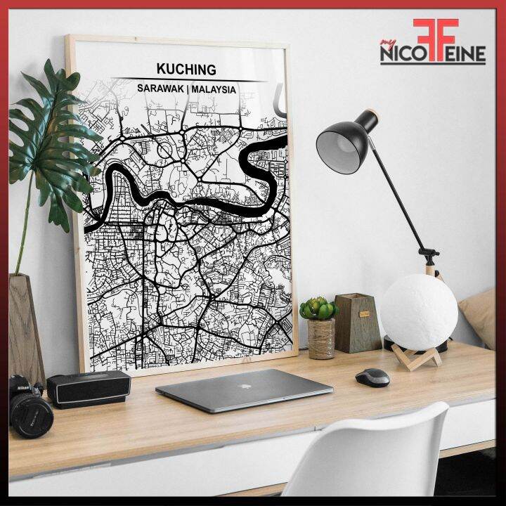 (POSTER ONLY) Kuching Sarawak Malaysia Minimal City Map Black and White Large Poster Print ...