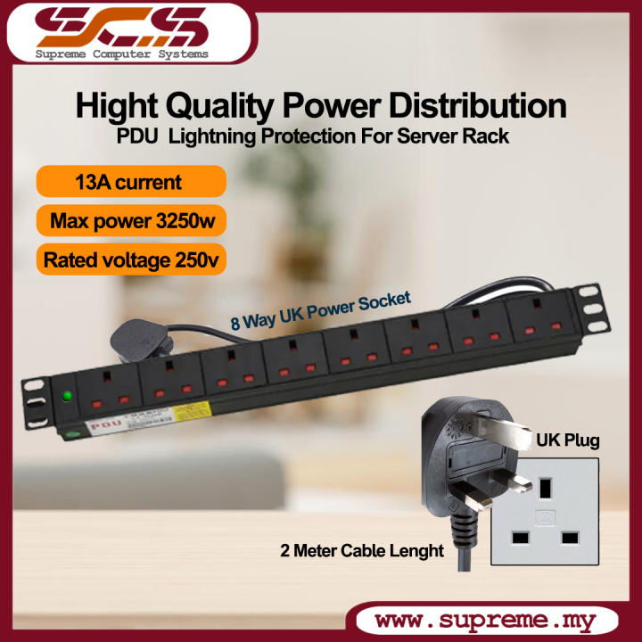 13A PDU Power Distribution Unit 8 Ways UK Socket Extension for Network Server Rack Lighting ...