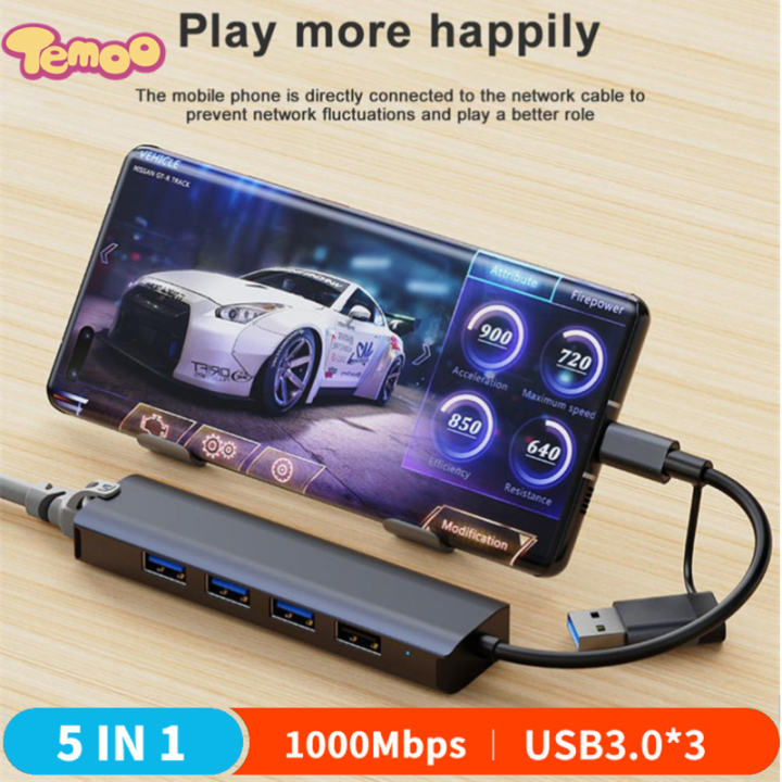 Temoo adaptor Splitter, kecepatan tinggi Multi-port 1000Mbps RJ45 Hub Tipe C 3.0 5-IN-1 untuk ...