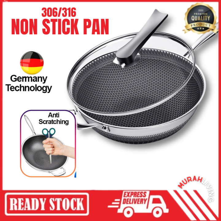 MurahLiving Non-stick Pan with Lid Wok 316 Stainless Steel Kuali ...