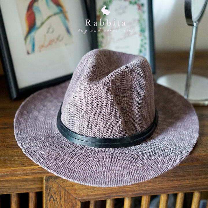 RB06 Vintage panama hat หมวกทรงวินเทจคาดหนัง สีม่วงกะปิ Rabbita ...